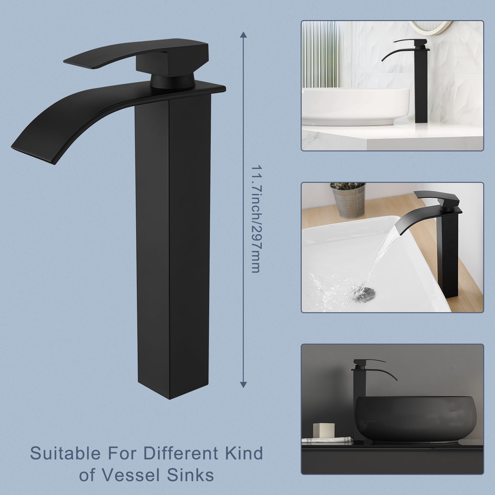 RUMOSE Tall Matte Black Bathroom Faucet Modern Single Handle 1 Hole Bathroom Vessel Sink Faucet Waterfall Spout Rv Lavatory Vanity Basin Faucet Deck Mount Mixer Tap, Stainless Steel