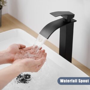 RUMOSE Tall Matte Black Bathroom Faucet Modern Single Handle 1 Hole Bathroom Vessel Sink Faucet Waterfall Spout Rv Lavatory Vanity Basin Faucet Deck Mount Mixer Tap, Stainless Steel