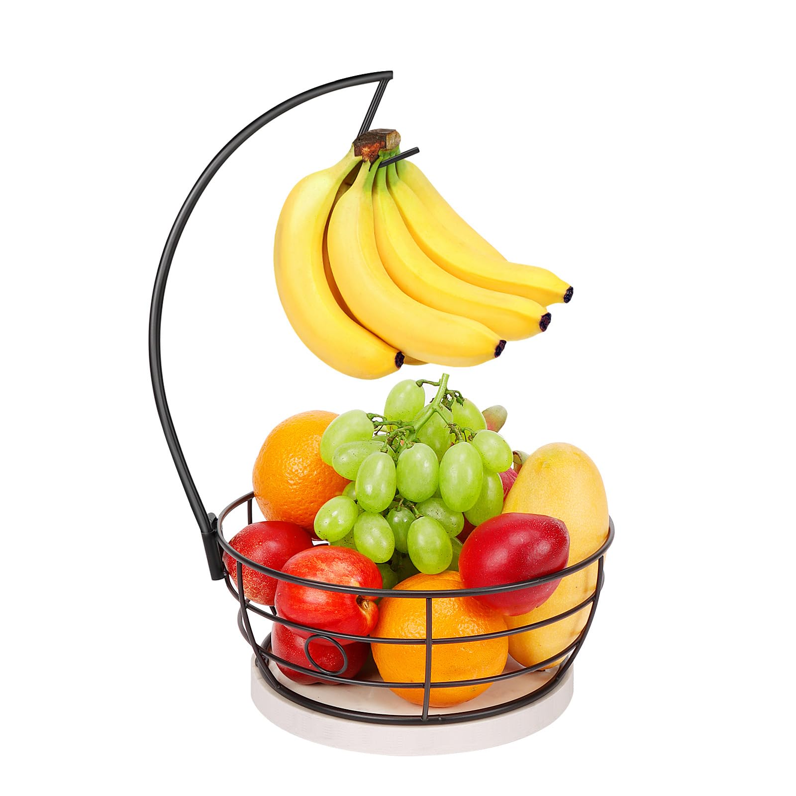 Livabber Countertop Fruit Basket Bowl with Banana Hanger, Modern Standing Fruit Vegetable Bowl Storage, with Banana Tree Holder for Kitchen Dinning Table (Round Marble, Black)