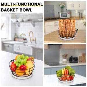 Livabber Countertop Fruit Basket Bowl with Banana Hanger, Modern Standing Fruit Vegetable Bowl Storage, with Banana Tree Holder for Kitchen Dinning Table (Round Marble, Black)