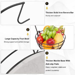 Livabber Countertop Fruit Basket Bowl with Banana Hanger, Modern Standing Fruit Vegetable Bowl Storage, with Banana Tree Holder for Kitchen Dinning Table (Round Marble, Black)