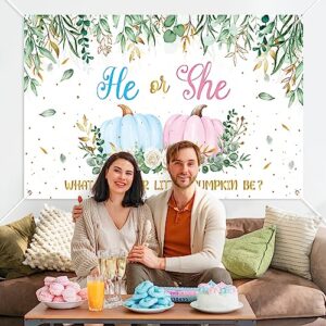 ANGOLIO Fall Pumpkin Blue Pink Gender Reveal Backdrop He or She Autumn Eucalyptus Leaves Fall Baby Shower Gender Reveal Party Photography Background Decoration(Xtralarge)