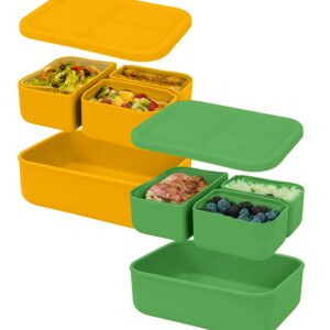 Versatyle Platinum Silicone Bento Box, Leak Proof Lunch Box 2 Pack with 3 Removable Compartments, Container Snack Box, Microwave, Freezer and Dishwasher Safe (Yellow and Green)