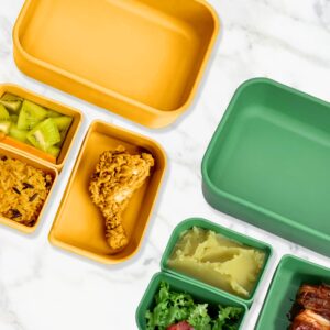 Versatyle Platinum Silicone Bento Box, Leak Proof Lunch Box 2 Pack with 3 Removable Compartments, Container Snack Box, Microwave, Freezer and Dishwasher Safe (Yellow and Green)