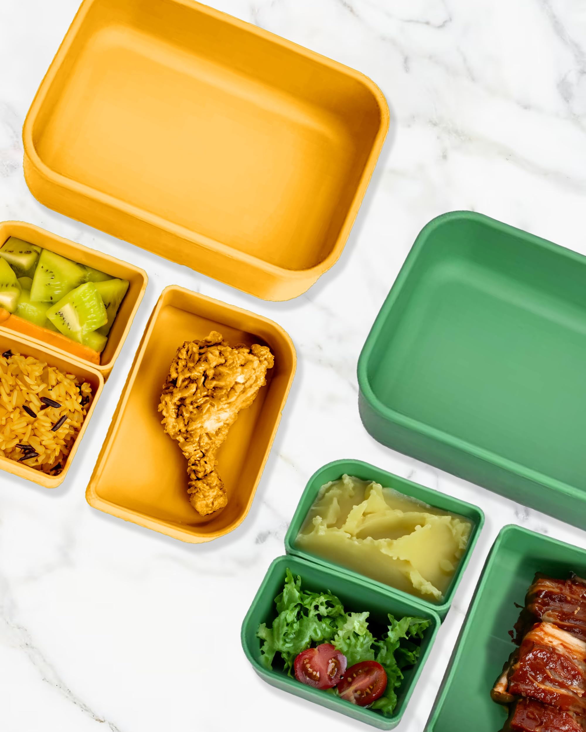 Versatyle Platinum Silicone Bento Box, Leak Proof Lunch Box 2 Pack with 3 Removable Compartments, Container Snack Box, Microwave, Freezer and Dishwasher Safe (Yellow and Green)