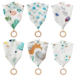 r horse 6pcs muslin baby teething bibs bandana drool bibs with teether toys, cotton absorbent burp cloths feeding bibs with snaps blue cartoon teething drooling bibs for infants boys girls 0-24 months