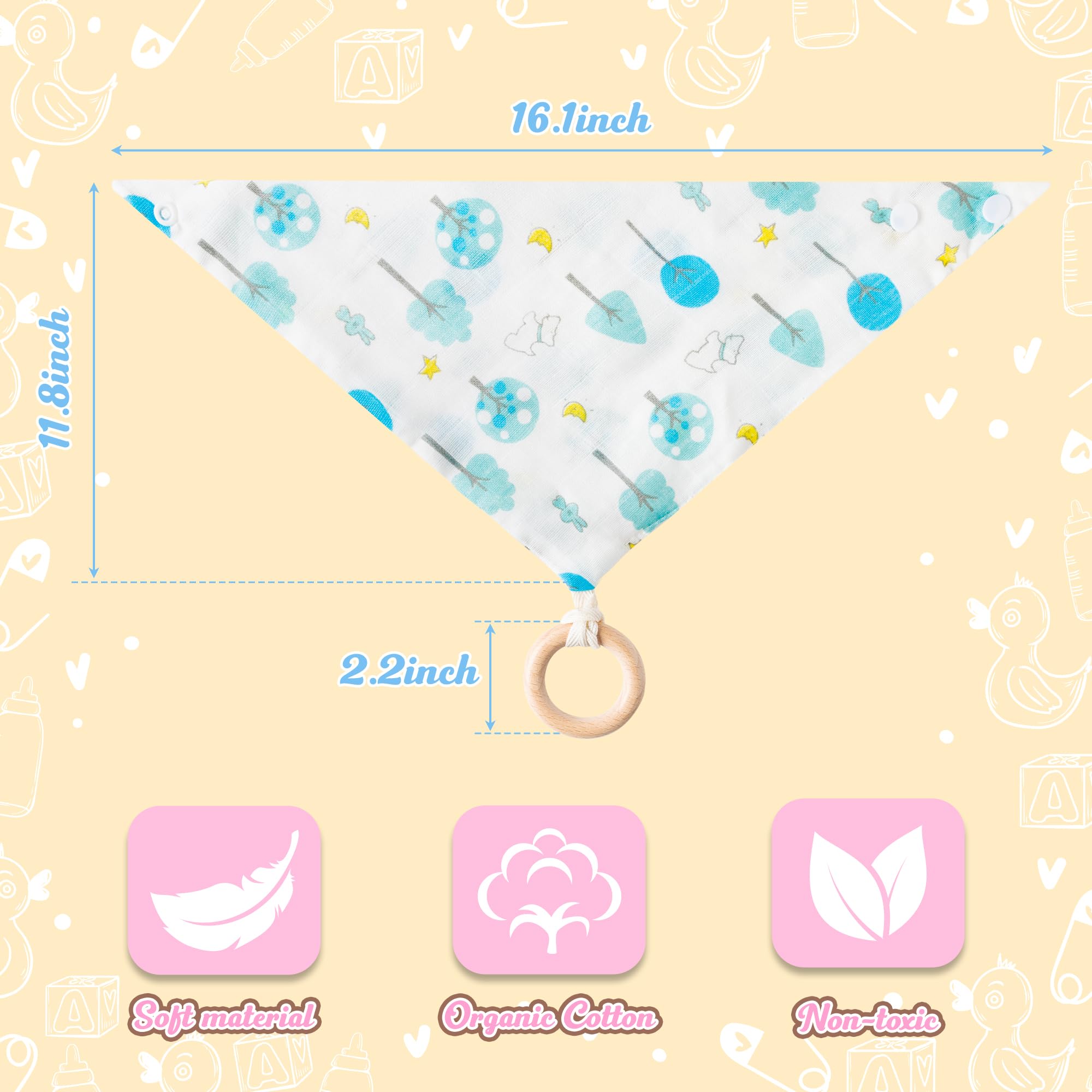 R HORSE 6Pcs Muslin Baby Teething Bibs Bandana Drool Bibs with Teether Toys, Cotton Absorbent Burp Cloths Feeding Bibs with Snaps Blue Cartoon Teething Drooling Bibs for Infants Boys Girls 0-24 Months