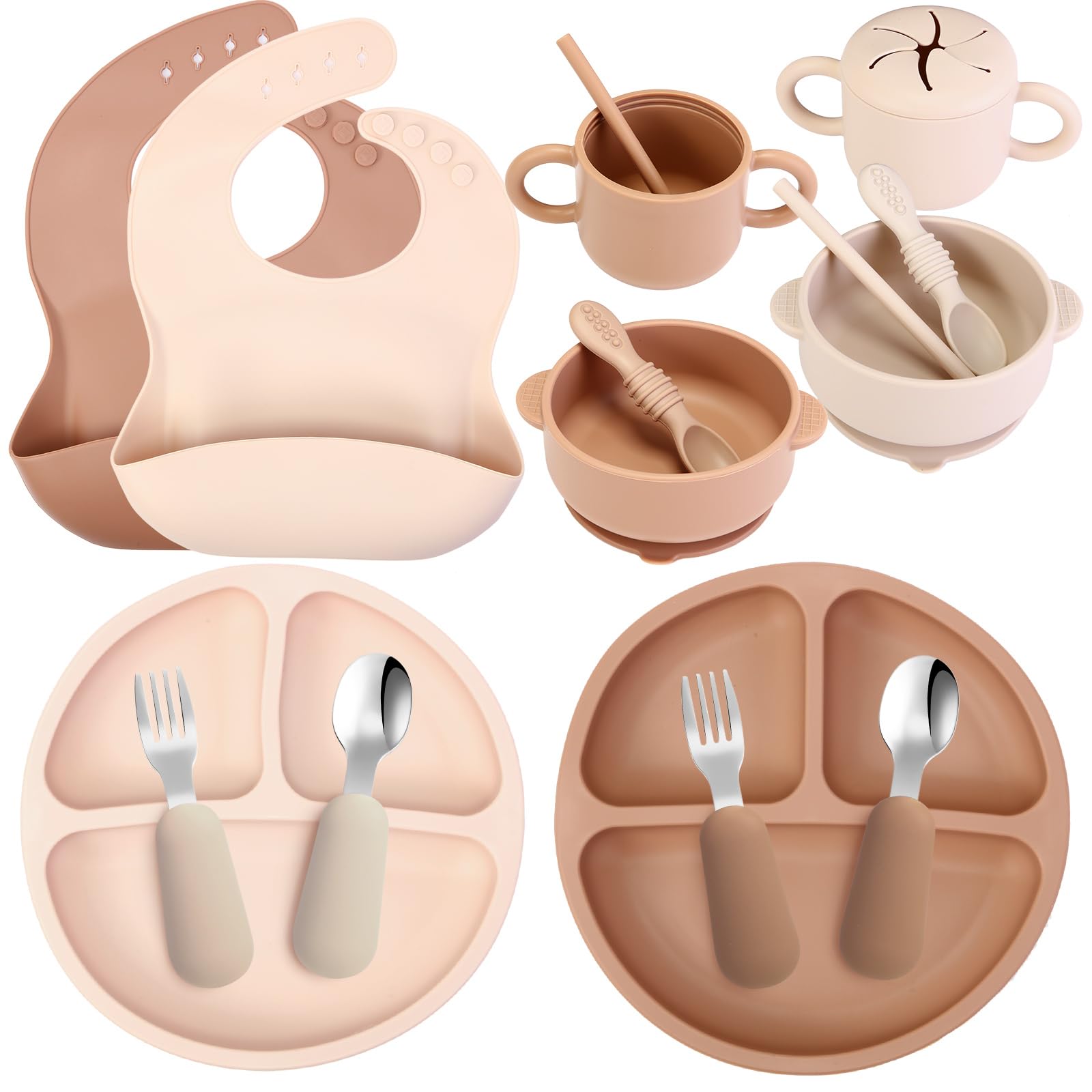 16 Pcs Baby Led Weaning Supplies Silicone Baby Feeding Set Baby Plates with Suction Baby Utensils with Divided Adjustable Bib Bowl Cutlery Snack Cup Spoons Straw 6 Months+ (Walnut, Beige)