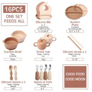 16 Pcs Baby Led Weaning Supplies Silicone Baby Feeding Set Baby Plates with Suction Baby Utensils with Divided Adjustable Bib Bowl Cutlery Snack Cup Spoons Straw 6 Months+ (Walnut, Beige)