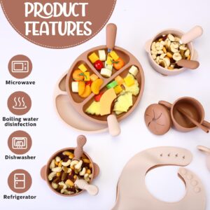 16 Pcs Baby Led Weaning Supplies Silicone Baby Feeding Set Baby Plates with Suction Baby Utensils with Divided Adjustable Bib Bowl Cutlery Snack Cup Spoons Straw 6 Months+ (Walnut, Beige)