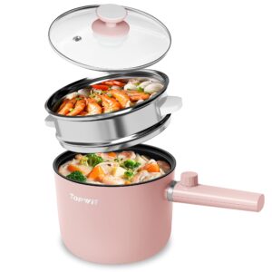 topwit hot pot electric with steamer, 1.5l ramen cooker, non-stick frying pan, electric pot for pasta, bpa free, electric cooker with dual power control, over-heating & boil dry protection, pink