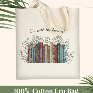 AUSVKAI Canvas Tote Bag Aesthetic Cute For Women Y2K Book College Grocery Bag Cotton Cloth Beach Totes Gift For-I'm with Banned Book