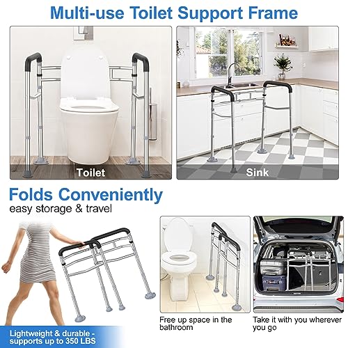 UGarden Stainless Steel Toilet Safety Rail, 350lbs Safety Frame for Toilet, Adjustable & Detachable Stand Alone Toilet Safety Rails, Toilet Frame for Elderly Adults - Fits Most Toilets