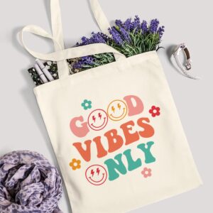 AUSVKAI Canvas Tote Bag Aesthetic for Women Cute Grocery Bag Cotton Beach Totes Gift-Good Vibes Only