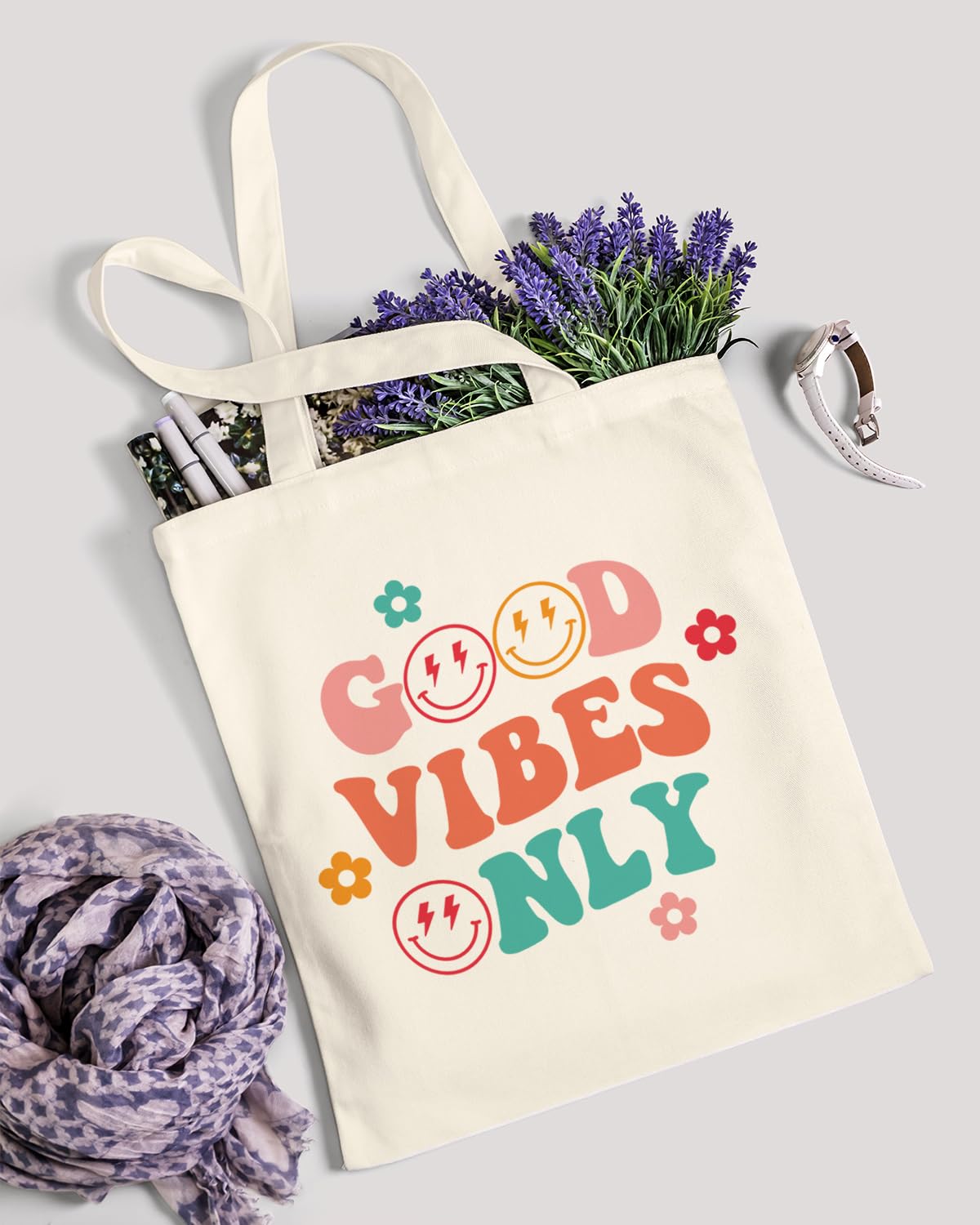 AUSVKAI Canvas Tote Bag Aesthetic for Women Cute Grocery Bag Cotton Beach Totes Gift-Good Vibes Only