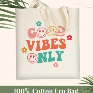 AUSVKAI Canvas Tote Bag Aesthetic for Women Cute Grocery Bag Cotton Beach Totes Gift-Good Vibes Only