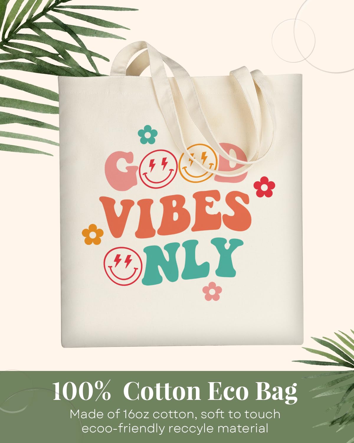 AUSVKAI Canvas Tote Bag Aesthetic for Women Cute Grocery Bag Cotton Beach Totes Gift-Good Vibes Only