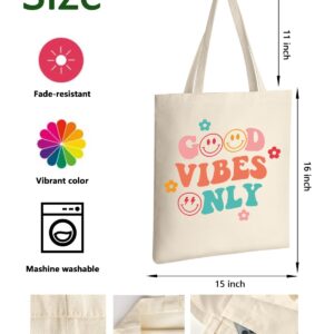 AUSVKAI Canvas Tote Bag Aesthetic for Women Cute Grocery Bag Cotton Beach Totes Gift-Good Vibes Only