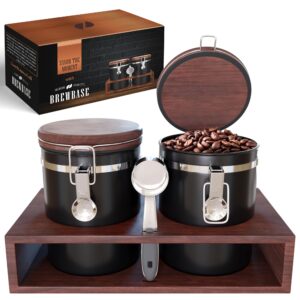 brewbase - premium coffee storage containers with airtight oak-wood lids & shelf + scoop, 304 stainless coffee bean storage organizer for kitchen - coffee container for ground coffee sugar & more