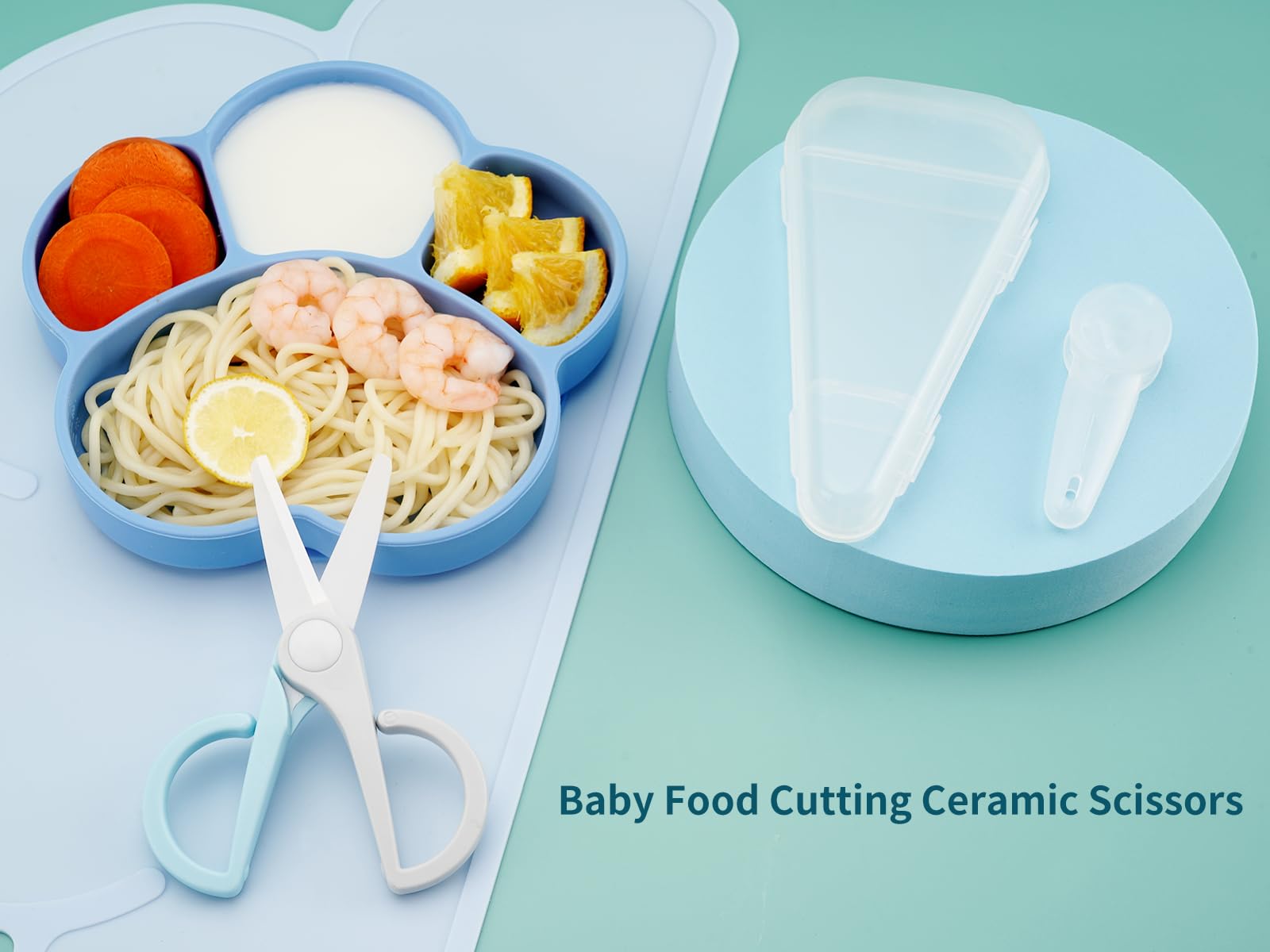 Ceramic Scissors for Baby Food Cutting, Safety Healthy BPA Free Toddler Feeding Shears with Protective Blade Cover and Portable Travel Case-Blue/Grey