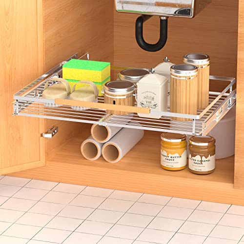 GEDLIRE Expandable Pull Out Cabinet Organizer 3 Pack, Heavy Duty Slide Out Pantry Storage Shelves, Sliding Drawer Organizer Rack for Kitchen Cabinets, Under Sink, Home, 17.1"-28" W x 22.4" D