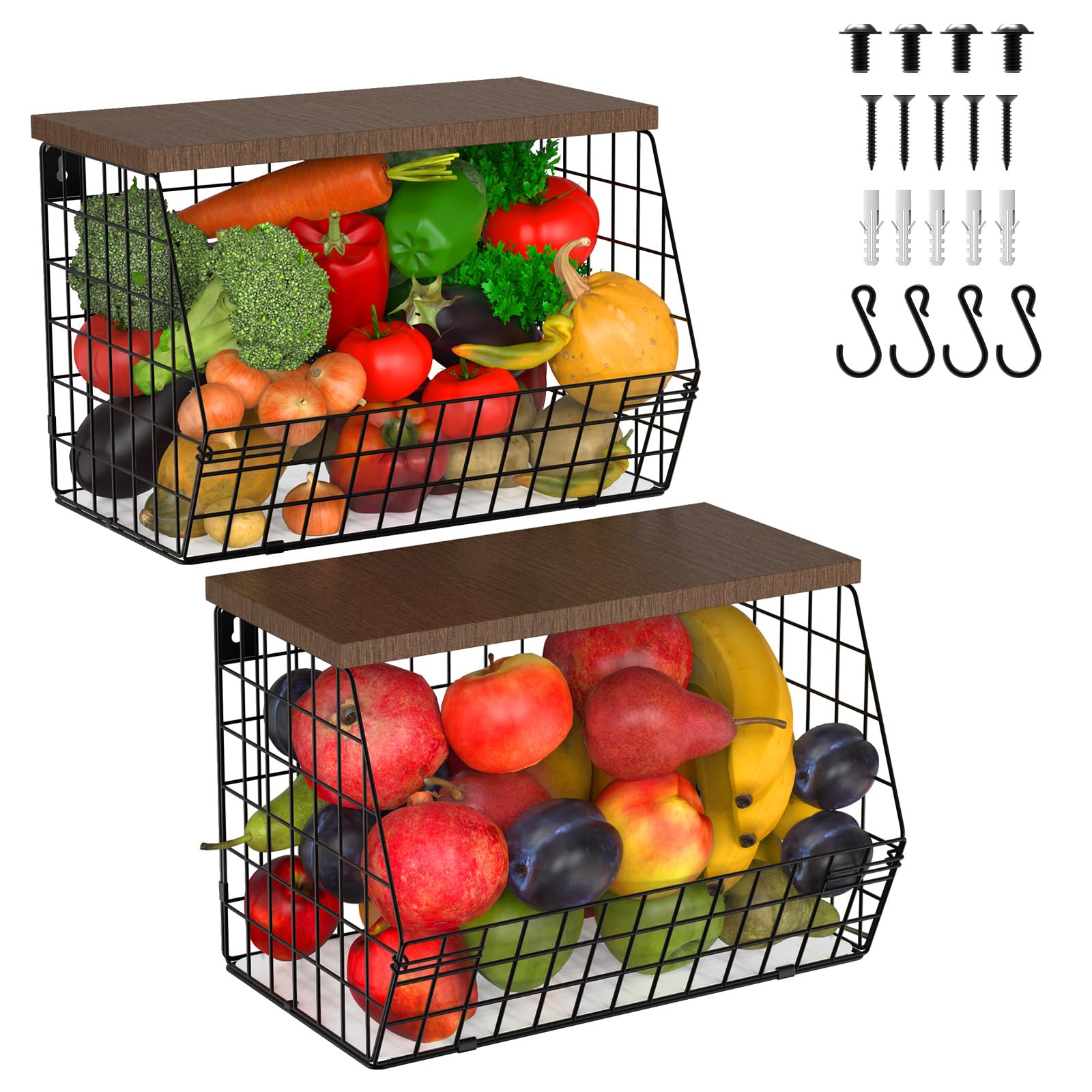 2pcs Fruit Basket Onion Storage Wire Baskets with Wood Lid, Multifunctional Stackable Wall-mounted & Countertop Tiered Kitchen Counter Organizer for Snack,Produce,Onion and Potato Storage Bins