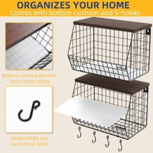 2pcs Fruit Basket Onion Storage Wire Baskets with Wood Lid, Multifunctional Stackable Wall-mounted & Countertop Tiered Kitchen Counter Organizer for Snack,Produce,Onion and Potato Storage Bins