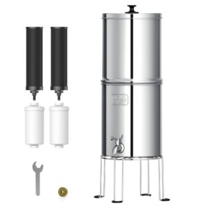 aqua crest gravity water filter system, 304 stainless steel countertop system with 4 filters and anti-slip stand, reduce fluoride and chlorine, 2.25g, for home, camping, rving, off-grid, emergencies