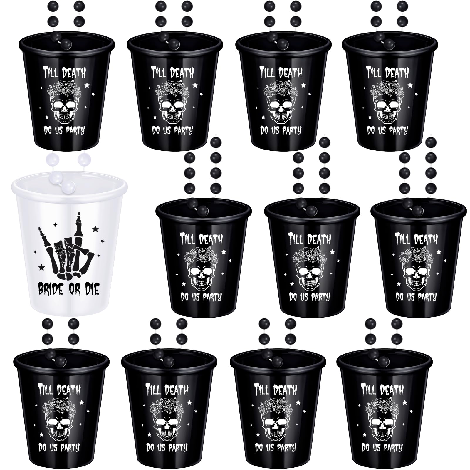 Kigeli 12 Pcs Bride or Die Bachelorette Shot Glass Beaded Necklace Halloween Till Death Do Us Party Plastic Shot Glass Necklaces Halloween Gothic Skull Bridal Shower Party Favor for Wedding