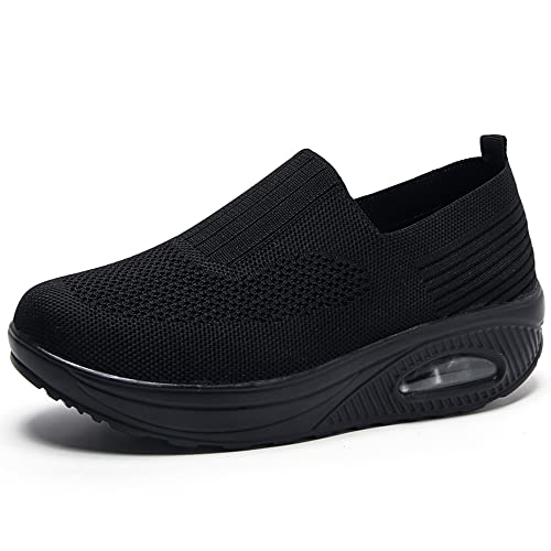 YING LAN Women Platform Sneakers Air Cushion Slip-on Walking Shoes Breathable Nursing Orthopedic Wedge Shoes Adjustable Mary Jane A-Black