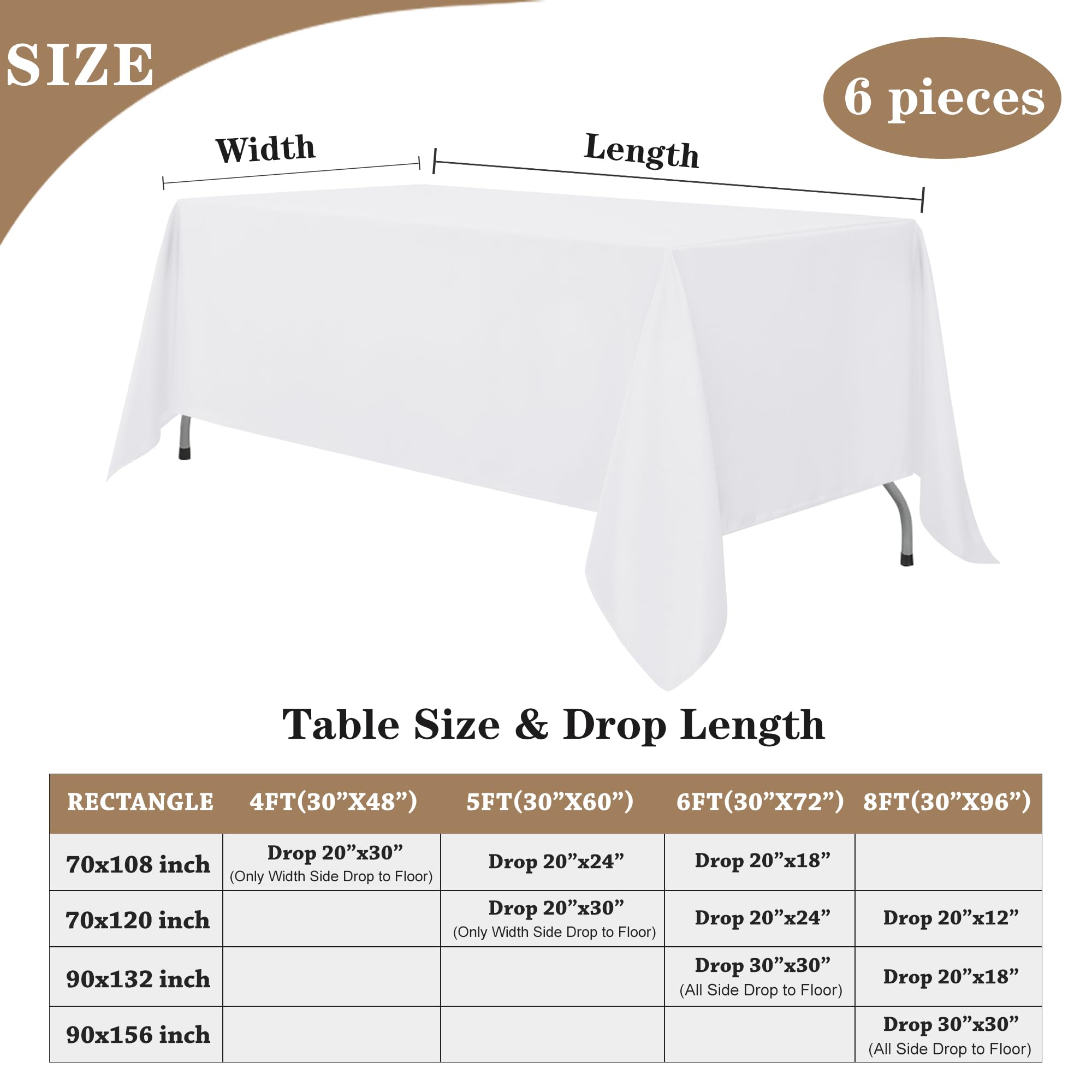 Fitable White Tablecloths for Rectangle Tables, 6 Pack - 70 x 120 Inches - Reusable and Washable Table Clothes for 6-8 Ft Tables, Polyester Fabric Table Covers for Wedding, Party, Banquet