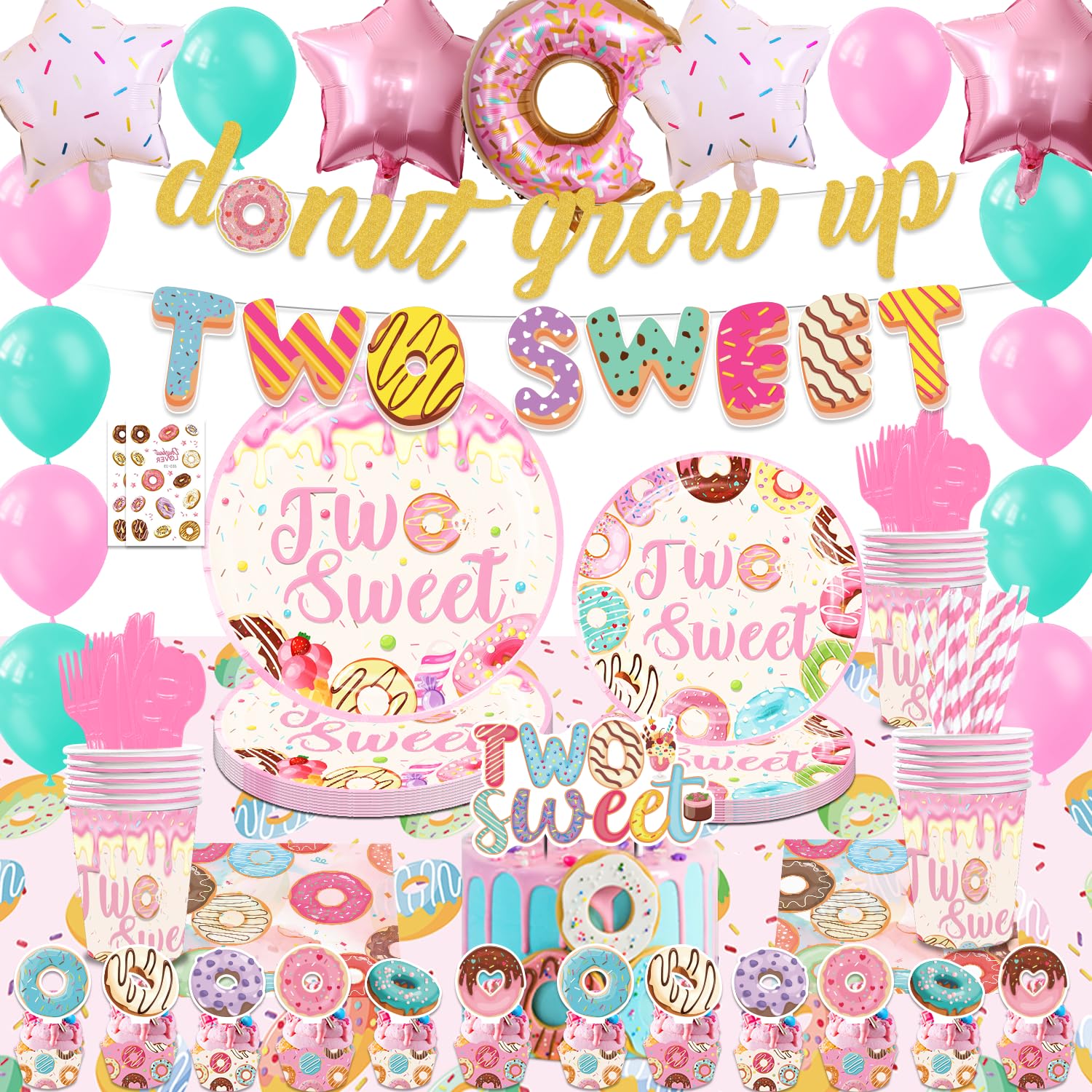 Two Sweet Birthday Party Supplies for 2 Year Old Girl, 150 Pcs Donut Party Decorations for Girls Baby - Backdrop, Banner, Cake, Cupcake Toppers, Cupcakes Wrappers, Balloons, Tablecloth