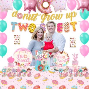 Two Sweet Birthday Party Supplies for 2 Year Old Girl, 150 Pcs Donut Party Decorations for Girls Baby - Backdrop, Banner, Cake, Cupcake Toppers, Cupcakes Wrappers, Balloons, Tablecloth