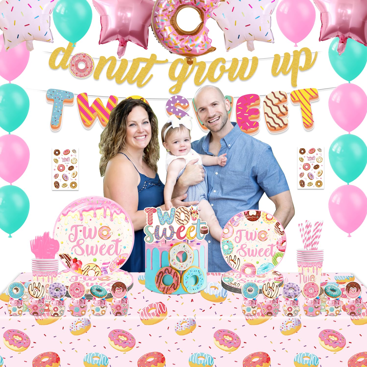 Two Sweet Birthday Party Supplies for 2 Year Old Girl, 150 Pcs Donut Party Decorations for Girls Baby - Backdrop, Banner, Cake, Cupcake Toppers, Cupcakes Wrappers, Balloons, Tablecloth