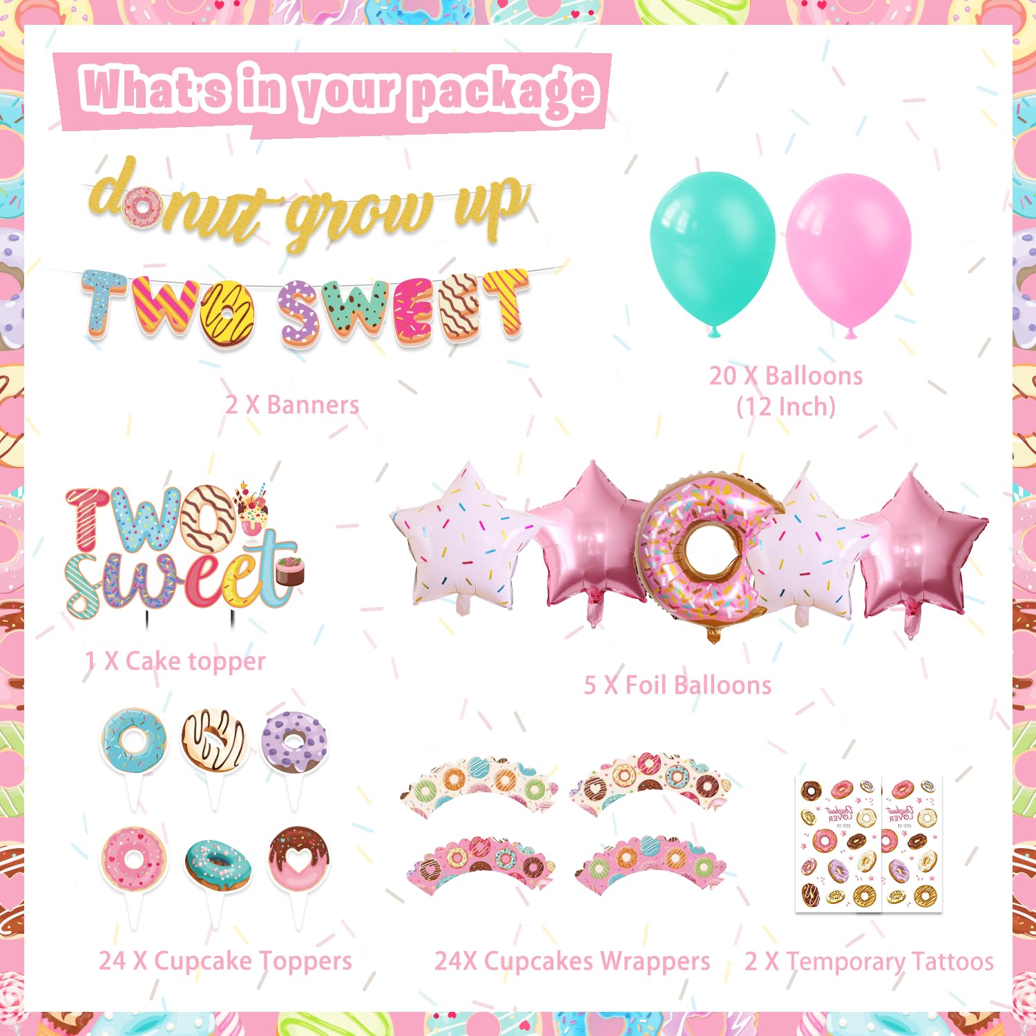 Two Sweet Birthday Party Supplies for 2 Year Old Girl, 150 Pcs Donut Party Decorations for Girls Baby - Backdrop, Banner, Cake, Cupcake Toppers, Cupcakes Wrappers, Balloons, Tablecloth