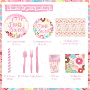 Two Sweet Birthday Party Supplies for 2 Year Old Girl, 150 Pcs Donut Party Decorations for Girls Baby - Backdrop, Banner, Cake, Cupcake Toppers, Cupcakes Wrappers, Balloons, Tablecloth