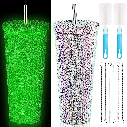 Bokon Bling Diamond Tumbler Christmas Gift for Women Glow in The Dark Rhinestone Tumbler with Lid Straw Glitter Water Bottle Cup Stainless Steel Double Wall Tumbler(Silver, 25.4 oz)