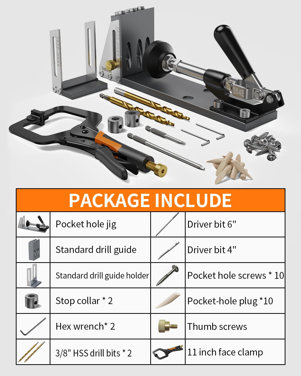 Kolvoii Pocket Hole Jig Kit, Efficient and Precise Jig Pocket Hole System with 11 Inch Face Clamp for Creating Strong and Hidden Wood Joints