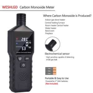 WESHLGD Handheld Carbon Monoxide Meter, Portable Battery Powered Carbon Monoxide Detector, CO Gas Tester with LCD Color Display, 3-in-1 CO Notification Detector(CO, Temperature and Humidity Display)