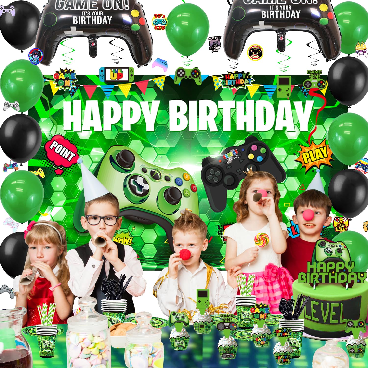 Green Gamer Birthday Party Decoration - 217Pcs Video Game Gaming Party Supplies For Boys Birthday Party - Backdrop, Table Cover, Plates, Cups, Napkins, Utensils, Hanging Swirls, Cupcake Topper, Cake