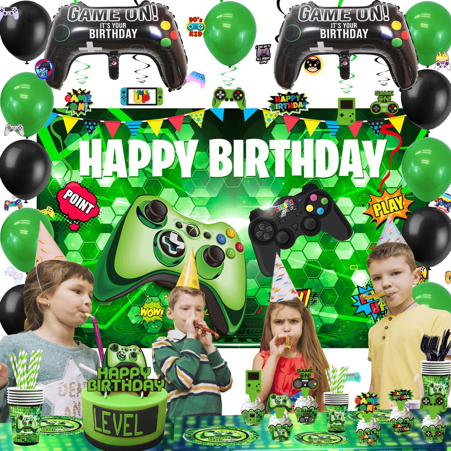 Green Gamer Birthday Party Decoration - 217Pcs Video Game Gaming Party Supplies For Boys Birthday Party - Backdrop, Table Cover, Plates, Cups, Napkins, Utensils, Hanging Swirls, Cupcake Topper, Cake