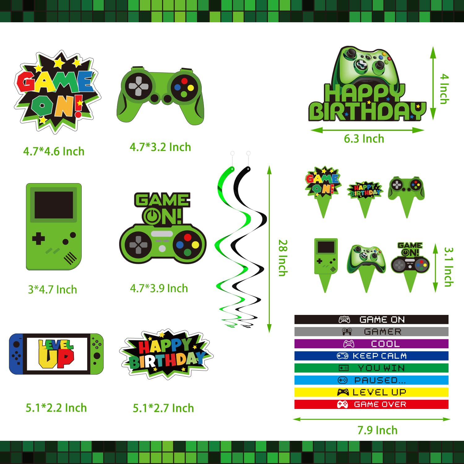 Green Gamer Birthday Party Decoration - 217Pcs Video Game Gaming Party Supplies For Boys Birthday Party - Backdrop, Table Cover, Plates, Cups, Napkins, Utensils, Hanging Swirls, Cupcake Topper, Cake