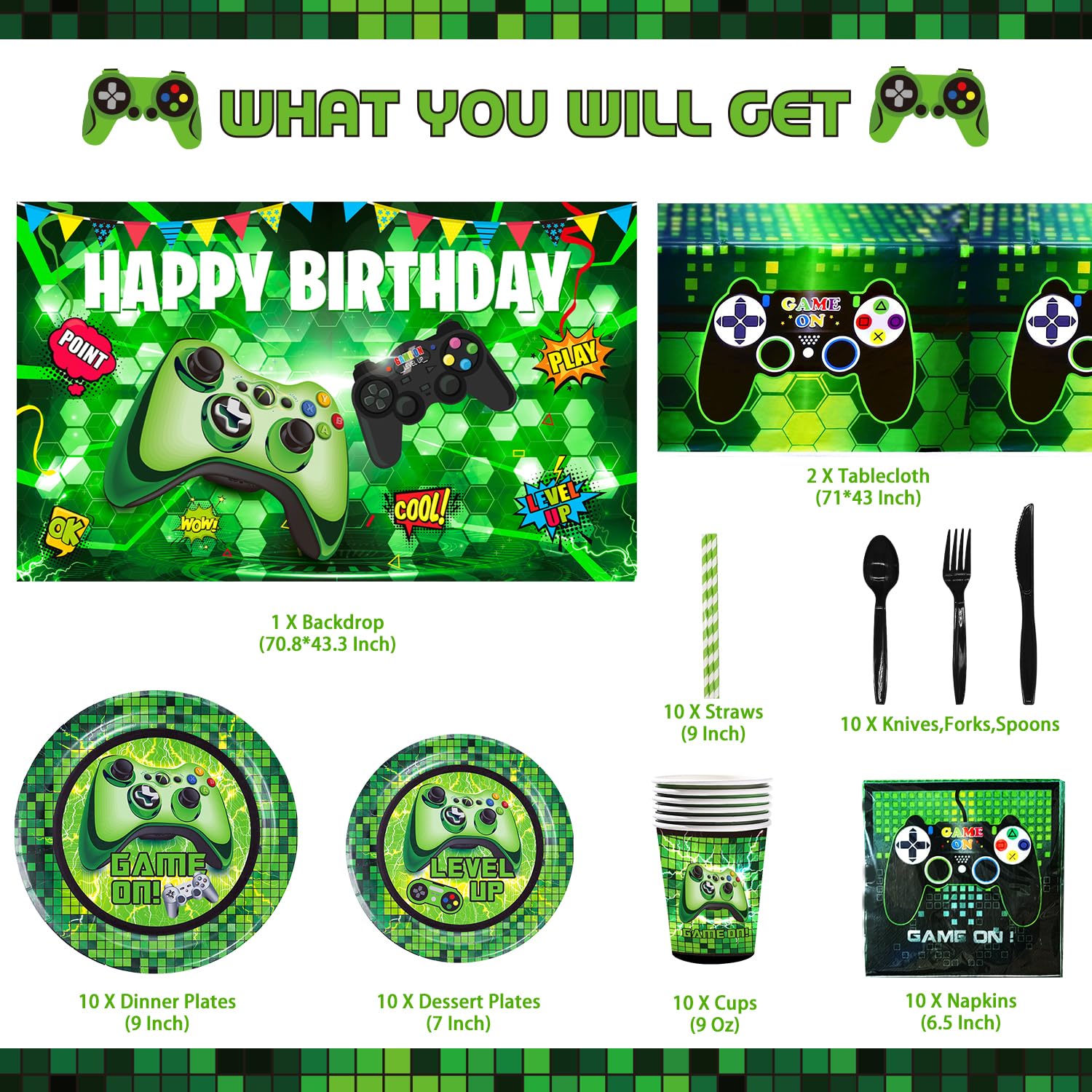 Green Gamer Birthday Party Decoration - 217Pcs Video Game Gaming Party Supplies For Boys Birthday Party - Backdrop, Table Cover, Plates, Cups, Napkins, Utensils, Hanging Swirls, Cupcake Topper, Cake