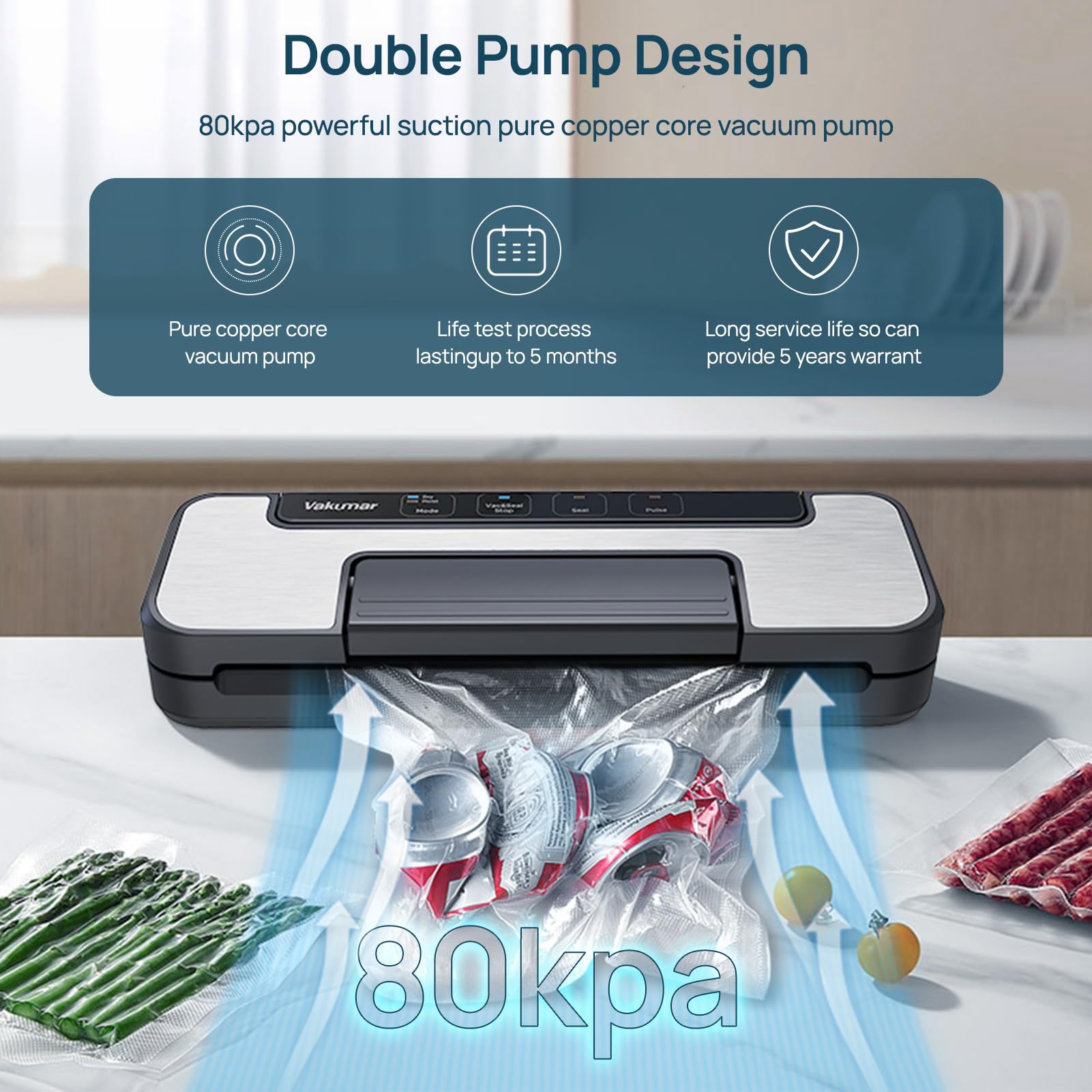 Vakumar Vacuum Sealer Machine, 80Kpa Food Vacuum Sealer Machine with Double Pump, Dry,/Moist, Pulse Mode, Handle Locked Design, LED Indicator Light & Cutter,12MM Widened Heating Strip