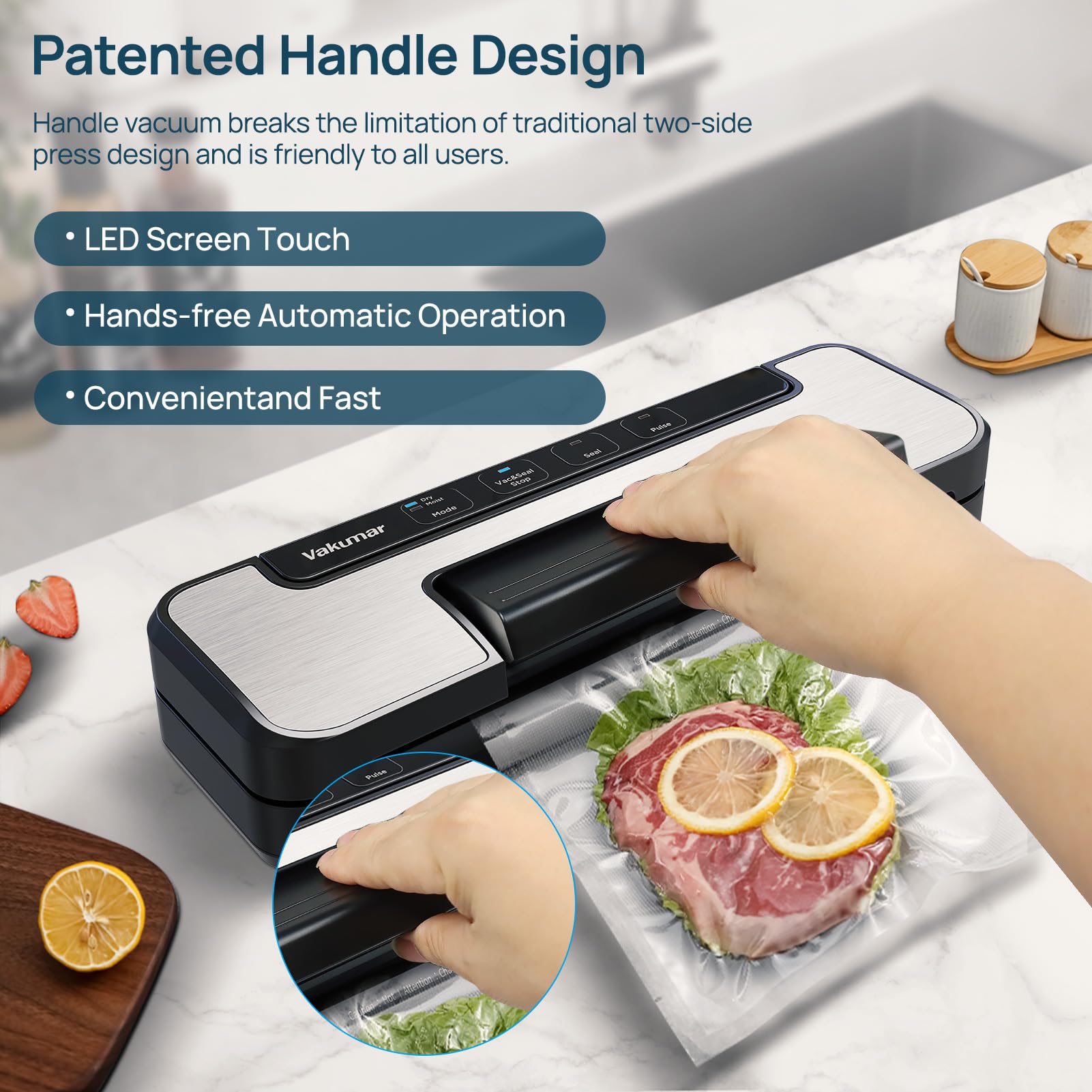 Vakumar Vacuum Sealer Machine, 80Kpa Food Vacuum Sealer Machine with Double Pump, Dry,/Moist, Pulse Mode, Handle Locked Design, LED Indicator Light & Cutter,12MM Widened Heating Strip