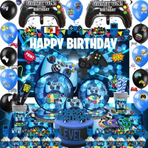 mpanwen blue gamer birthday party decoration - 218pcs video game gaming party supplies for boys birthday party - backdrop, table cover, cupcakes wrappers, stickers, bracelets serves 10 guests