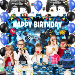 Mpanwen Blue Gamer Birthday Party Decoration - 218Pcs Video Game Gaming Party Supplies For Boys Birthday Party - Backdrop, Table Cover, Cupcakes Wrappers, Stickers, Bracelets Serves 10 Guests