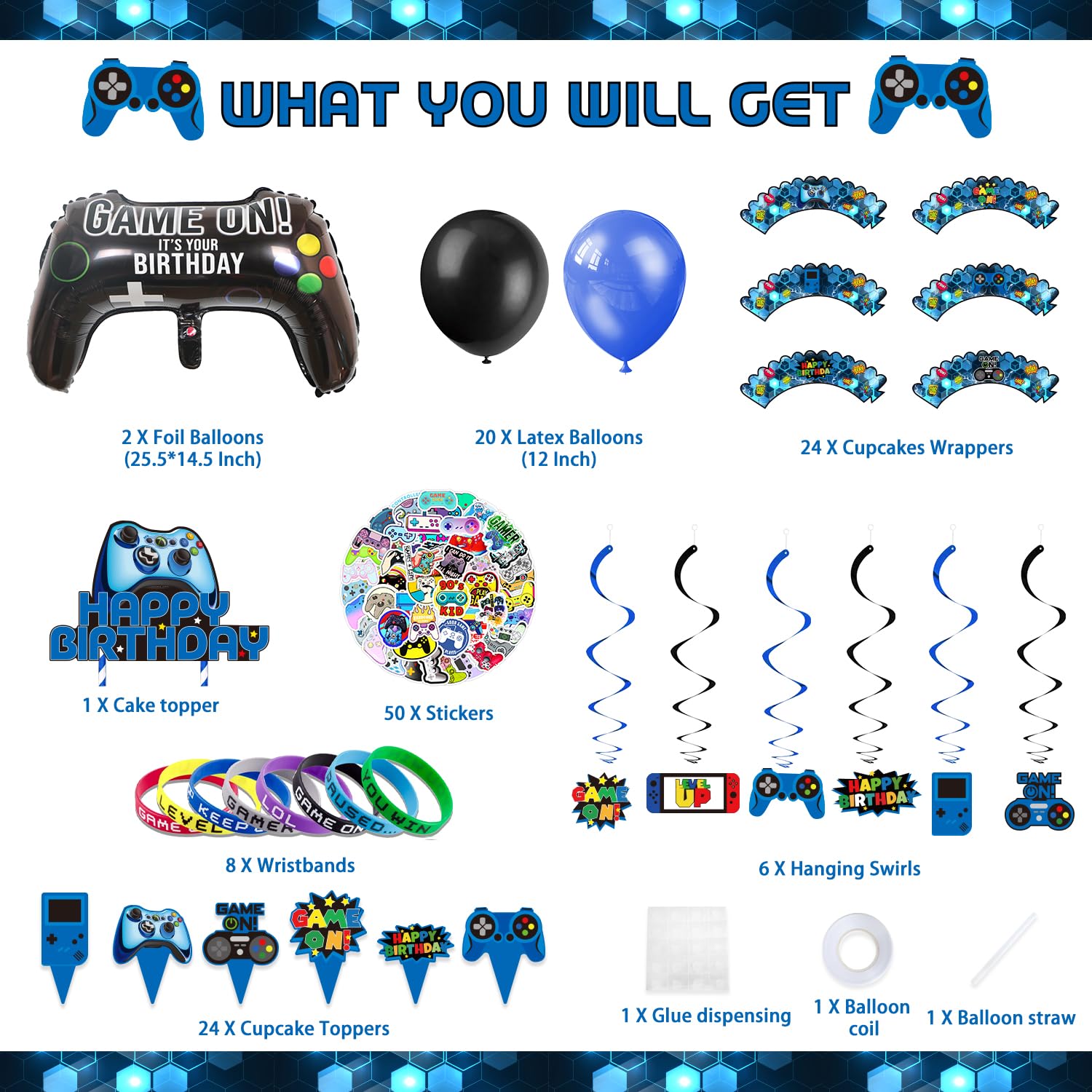 Mpanwen Blue Gamer Birthday Party Decoration - 218Pcs Video Game Gaming Party Supplies For Boys Birthday Party - Backdrop, Table Cover, Cupcakes Wrappers, Stickers, Bracelets Serves 10 Guests