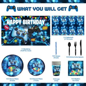 Mpanwen Blue Gamer Birthday Party Decoration - 218Pcs Video Game Gaming Party Supplies For Boys Birthday Party - Backdrop, Table Cover, Cupcakes Wrappers, Stickers, Bracelets Serves 10 Guests