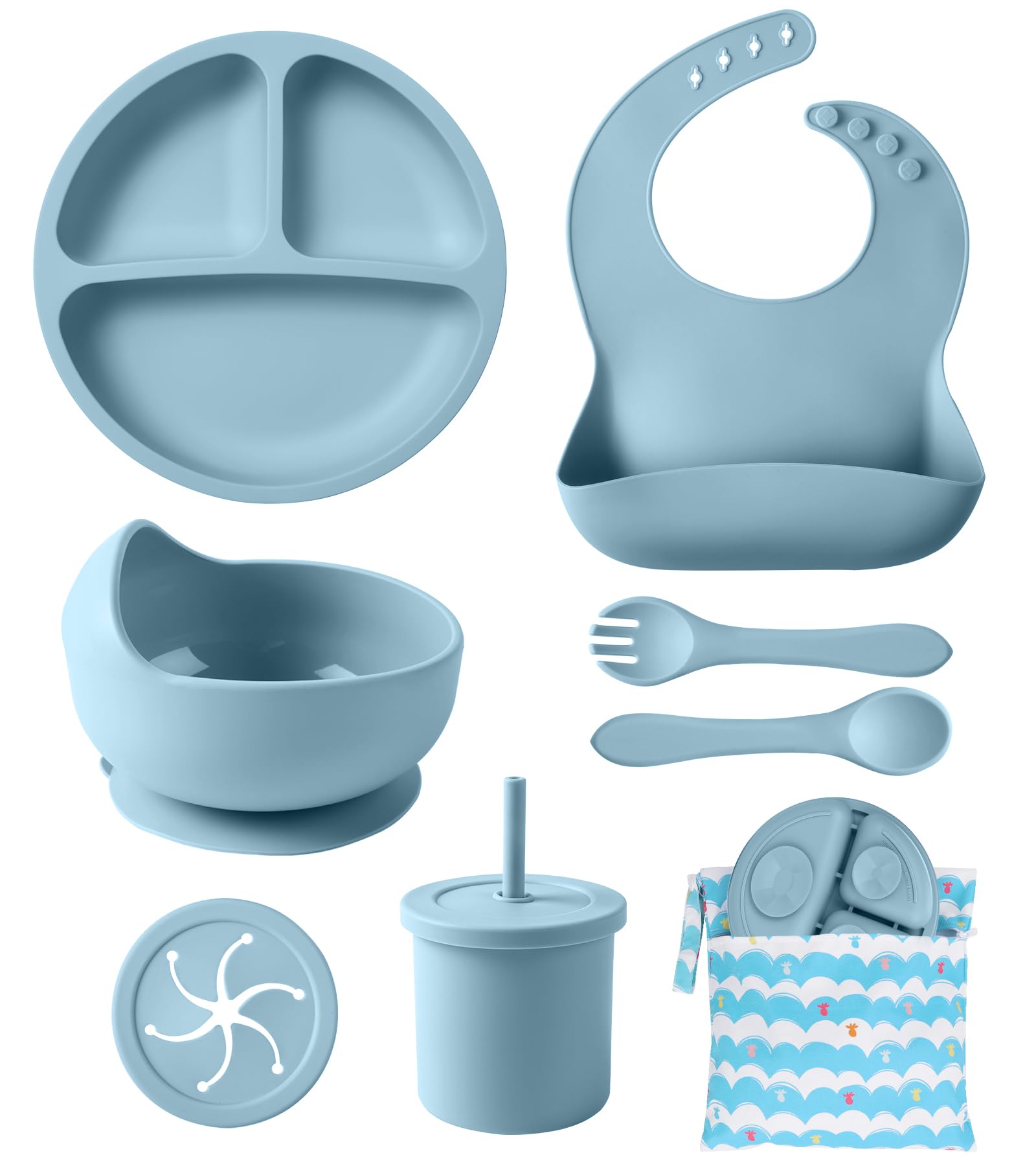 ECLIP Silicone Baby Feeding Set, 10 Pcs Baby Led Weaning Supplies with Suction Bowl Divided Plate Adjustable Bib Soft Spoon Fork Snack Cup with Lid Drinking Cup, Utensil (Blue)